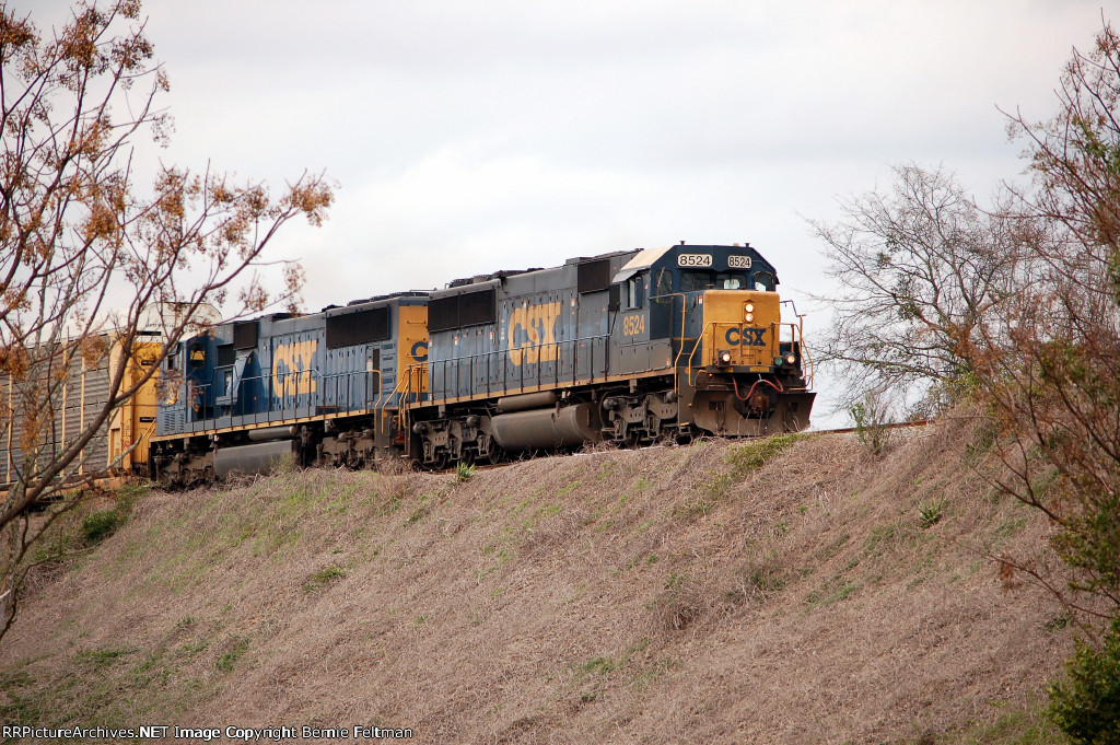 CSX SD50 #8524 leads train CSX train Q237-28 over the Norfolk Southern overpass